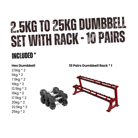 Home 2.5kg to 25kg Hex Dumbbell Set with Rack - 10 Pairs